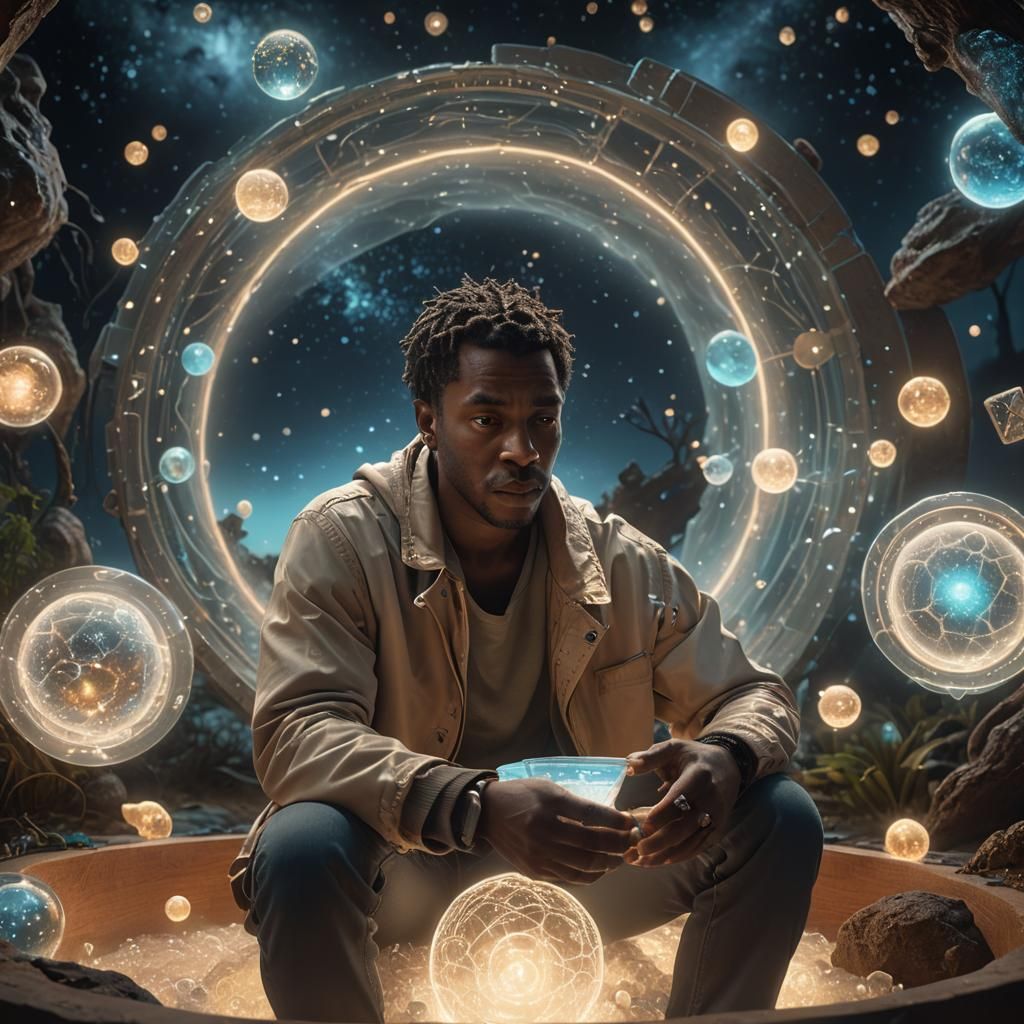 An African American man deeply contemplating outside a glowing ...