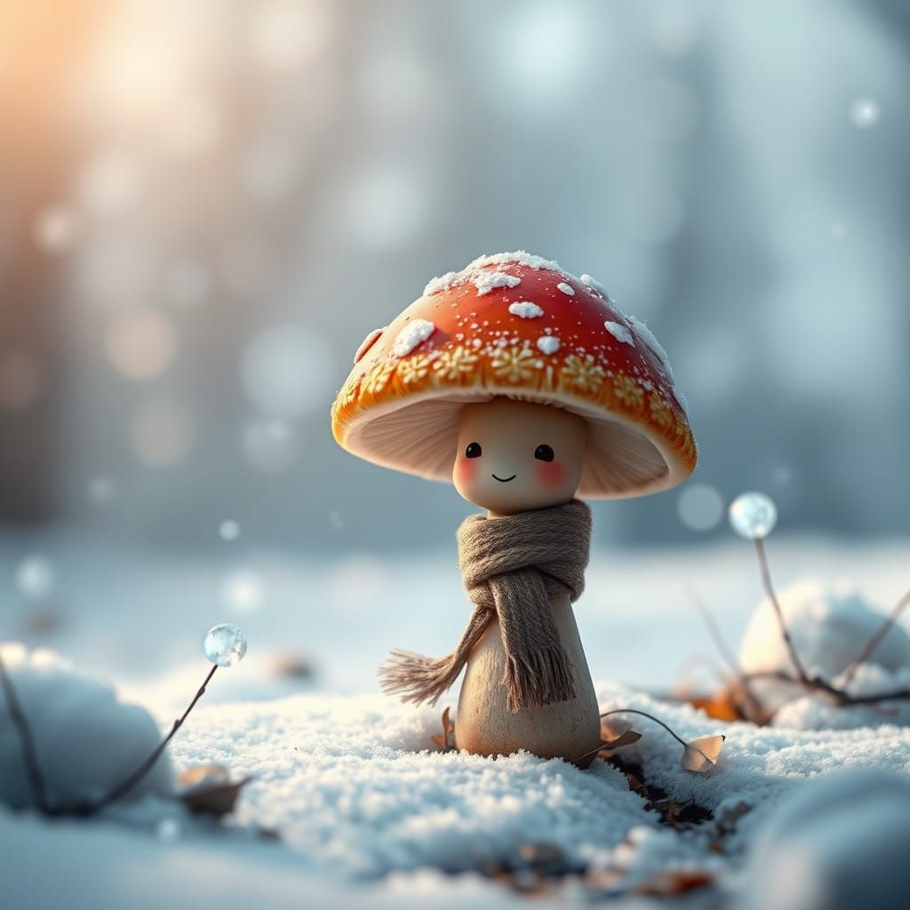 Mr. Shroomy - Whimsical Snowy Mushroom in Digital Fantasy La...