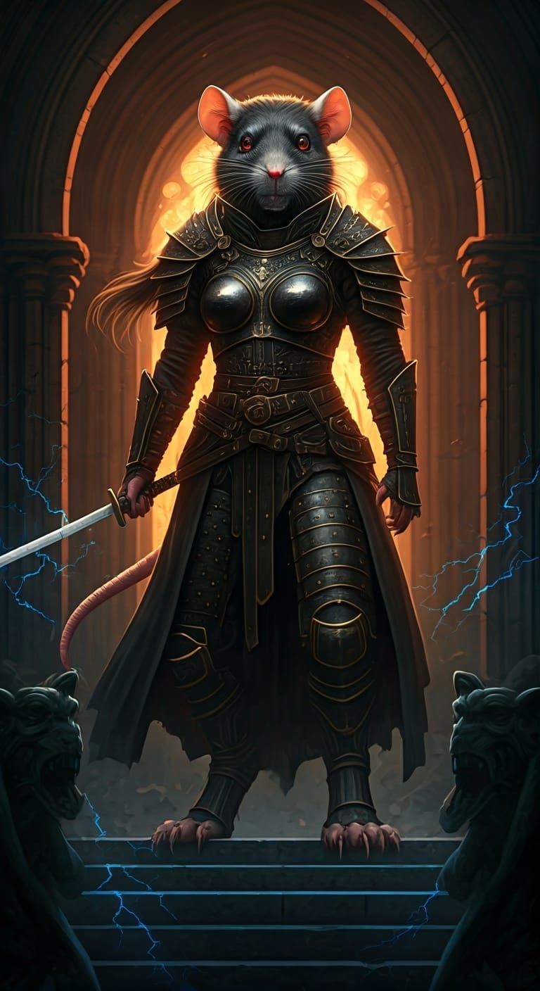 Bipedal rat woman paladin with golden glowing eyes, dark purple ...