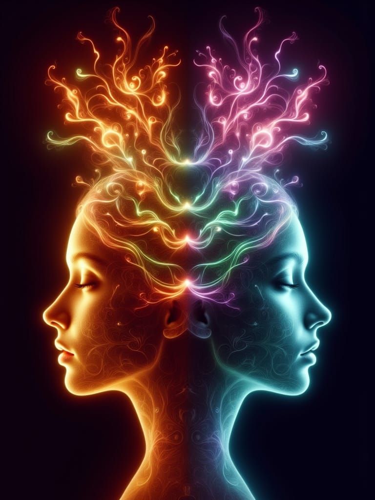 A striking and surreal digital painting of two elegant female faces ...