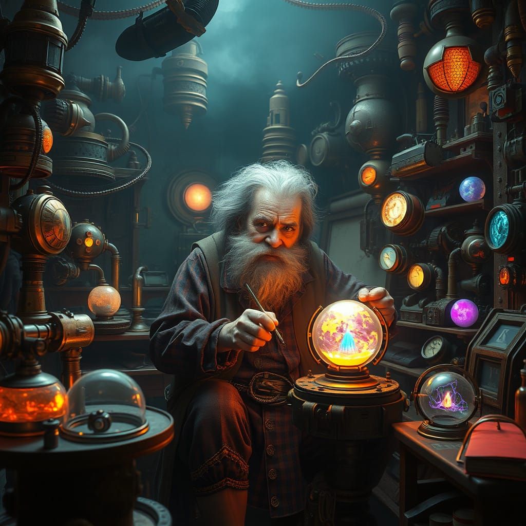 Old mad inventor in workshop - Steampunk Inventor in Mystica...