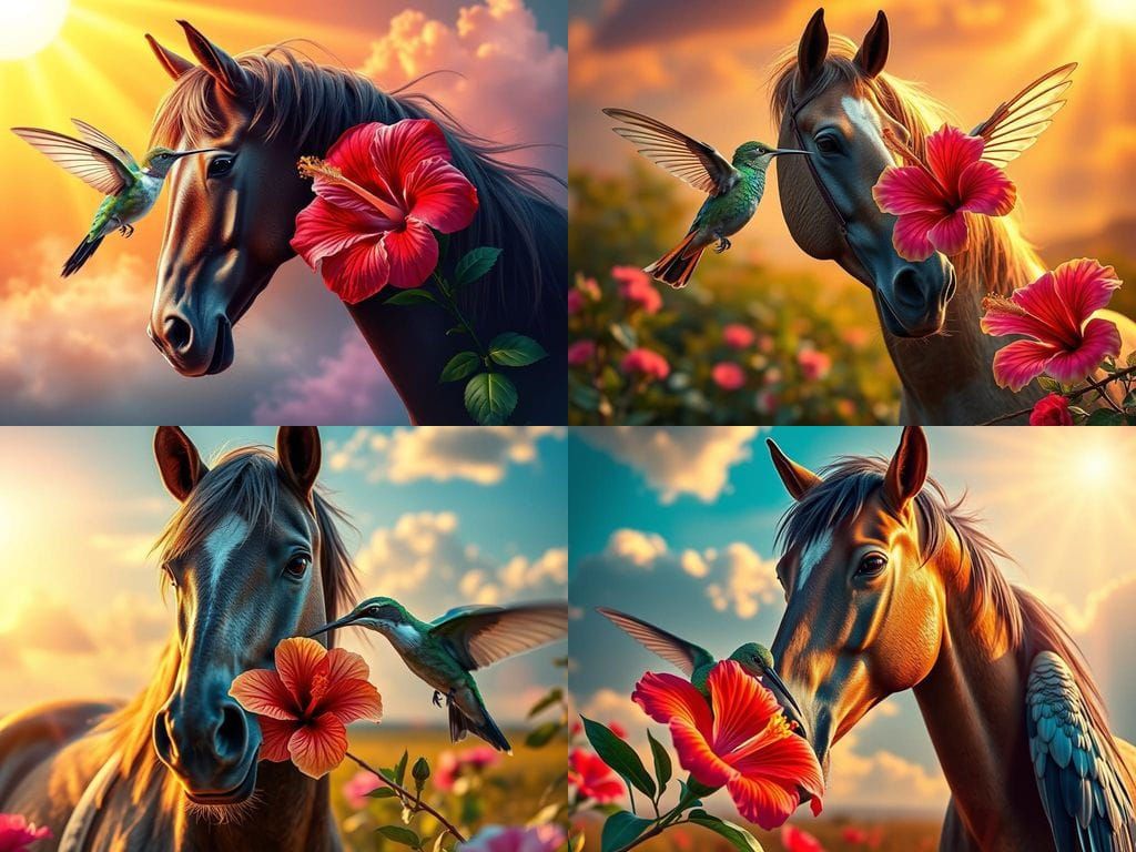 Horse, Hummingbird with Hibiscus (in the styles of: Sally Haley, Alex ...