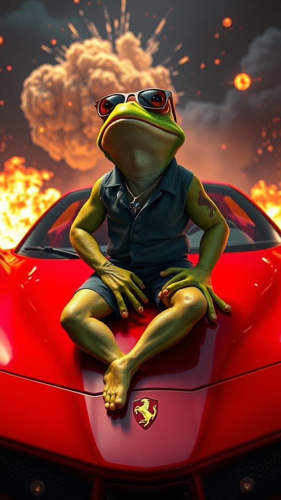 Pepe the frog, muscular. Wearing a polo and sunglasses while sitting on ...