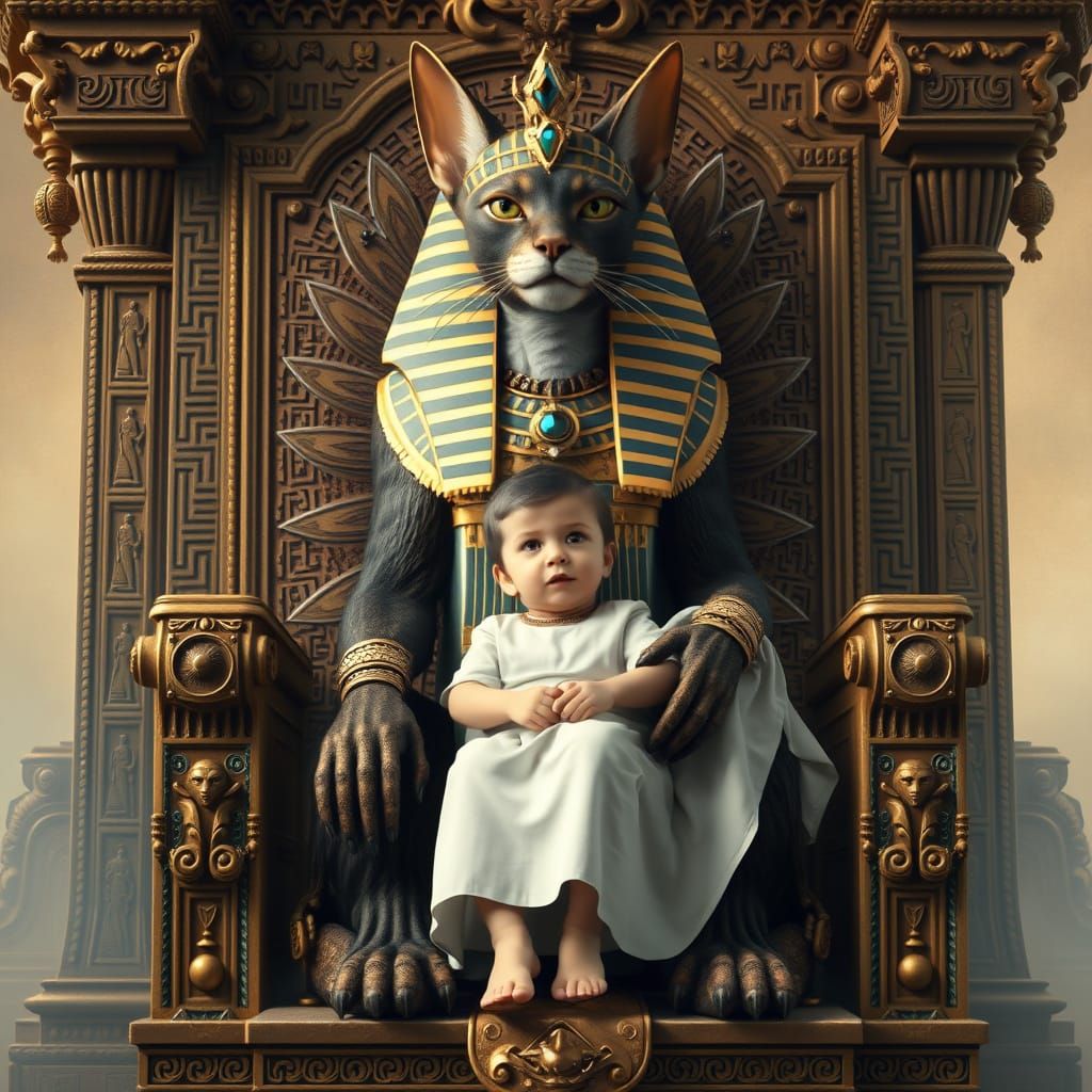 Egyptian Cat Goddess Priestess of Bast Sits on Anc... - AI Art