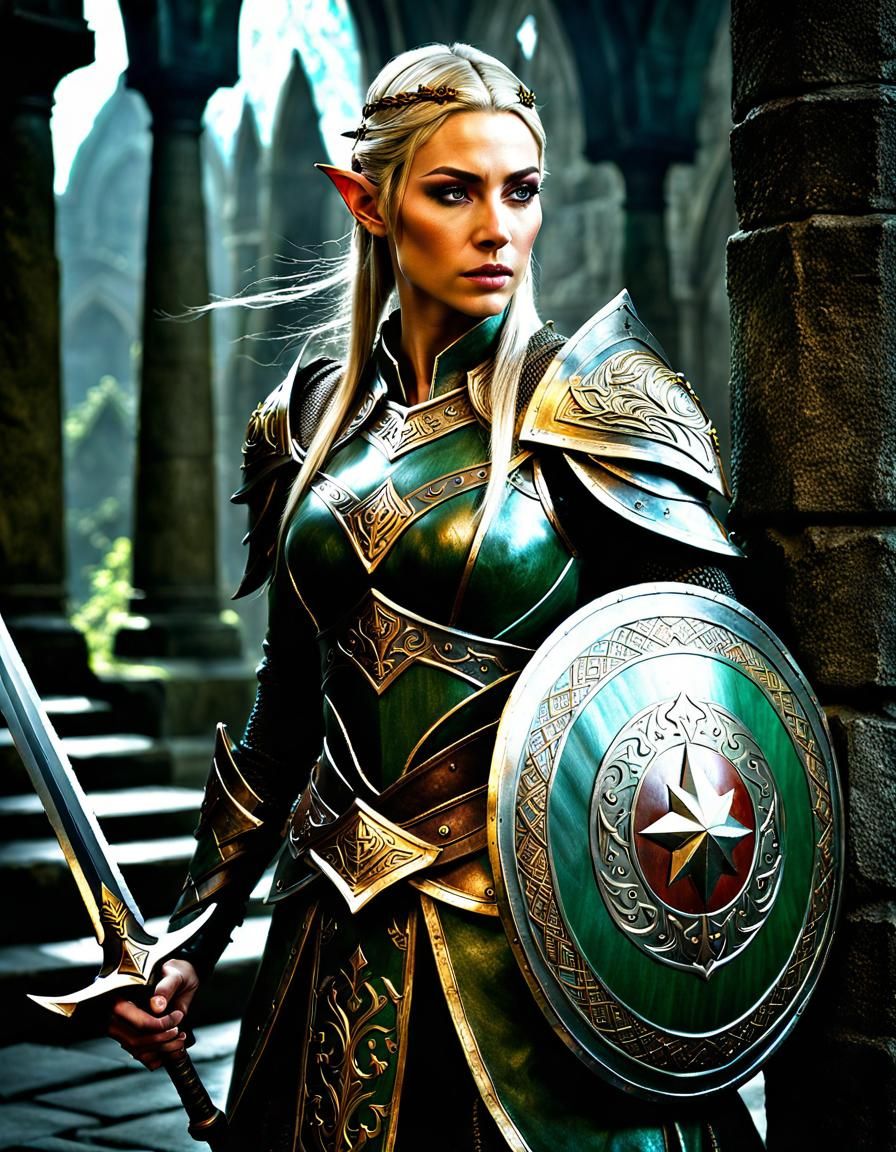 Elven guard holding shield and sword - AI Generated Artwork - NightCafe ...