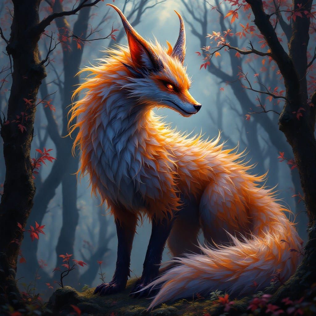 Mystical Fox Dragon in Enchanted Forest - AI Art