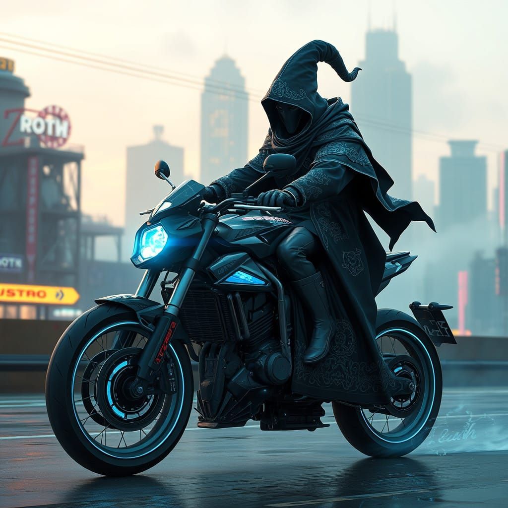 Mystical Wizard Rides Cyberpunk Motorcycle at Dusk - AI Art
