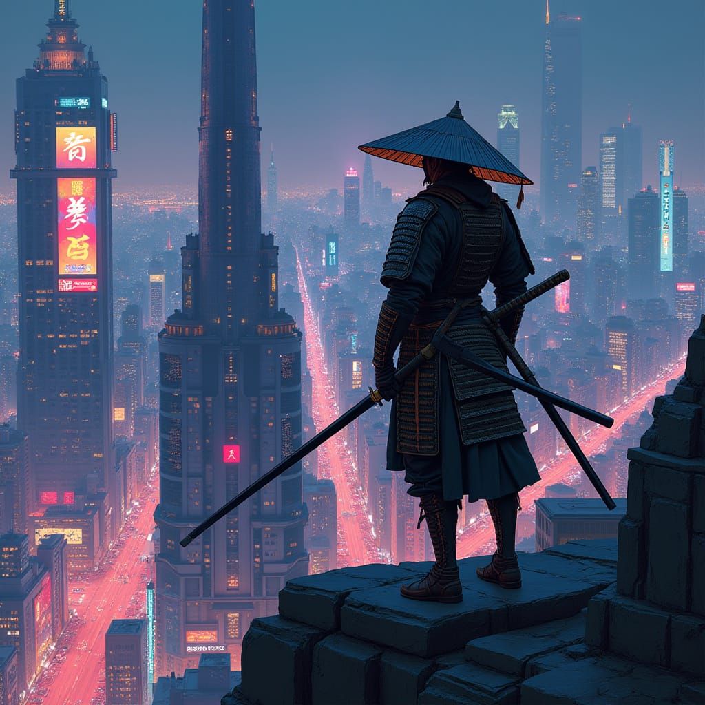 Samurai in Futuristic Metropolis - AI Art
