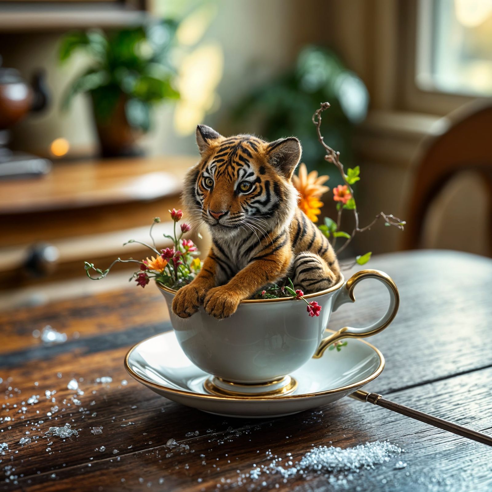 Miniature Tiger in Antique Teacup: Whimsical India... - AI Art