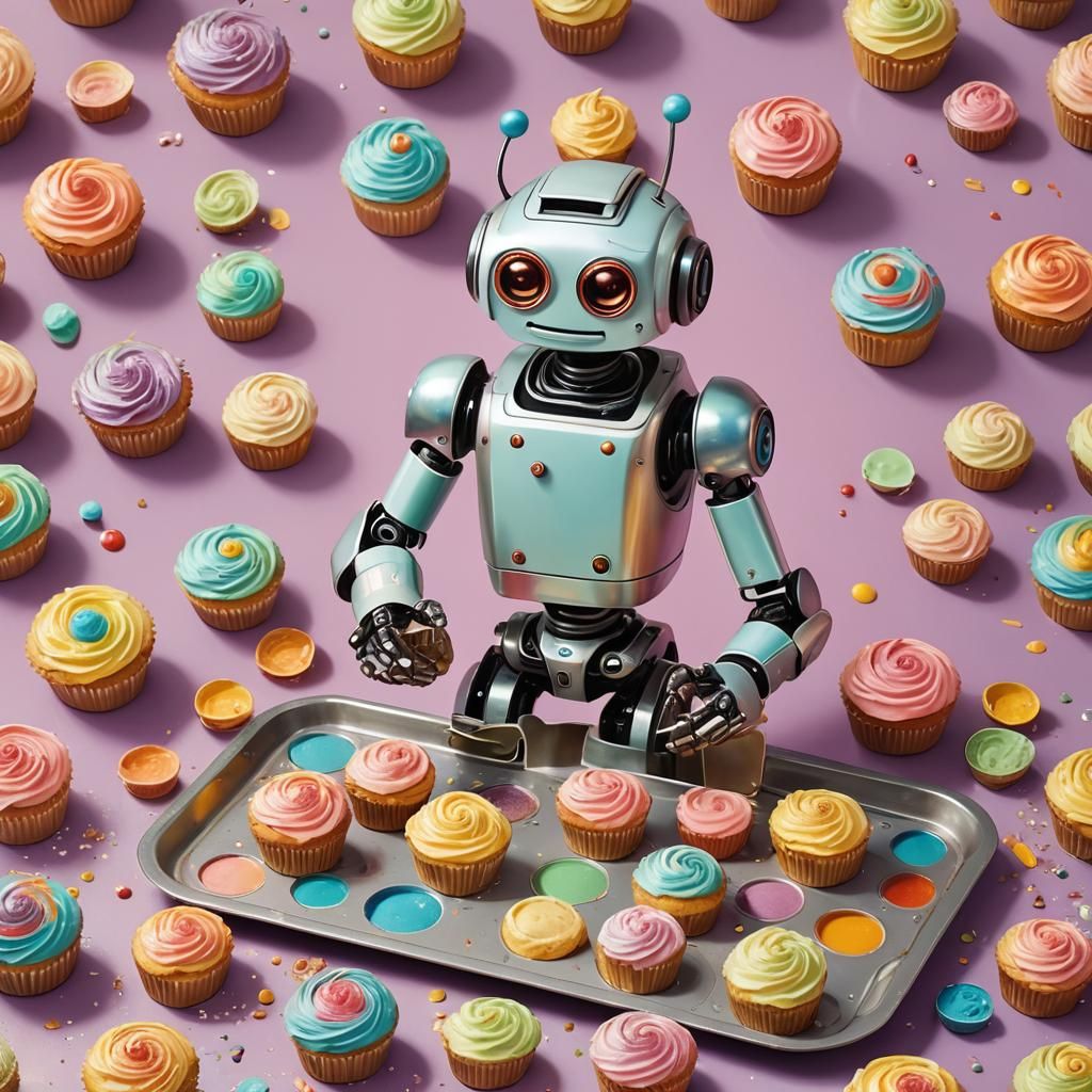 Cute robot baking muffins - AI Generated Artwork - NightCafe Creator
