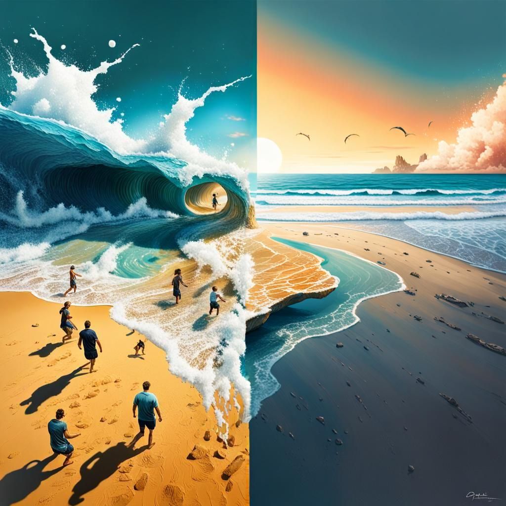 Distopia. Abandoned beach opposites Double explosure, two overlapping ...