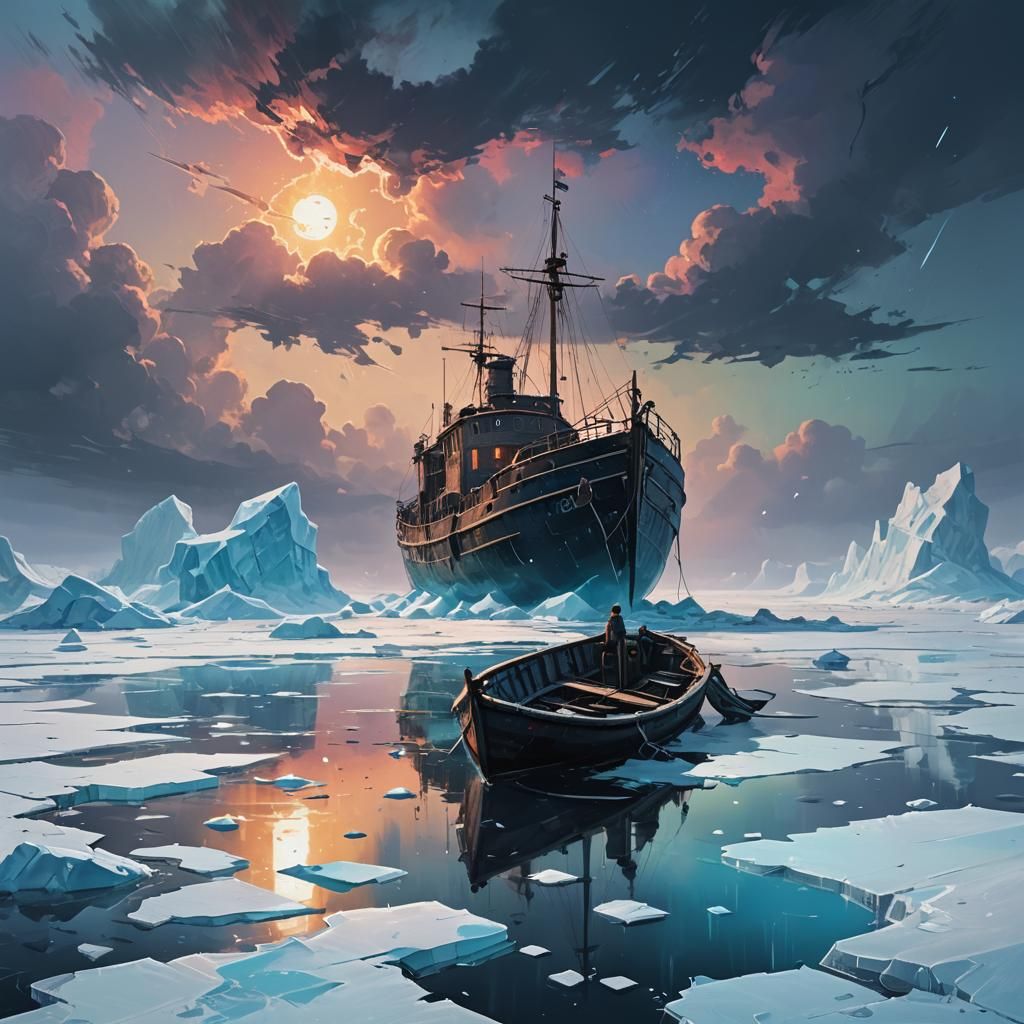 a boat frozen in the middle of a sea of ice - AI Generated Artwork ...