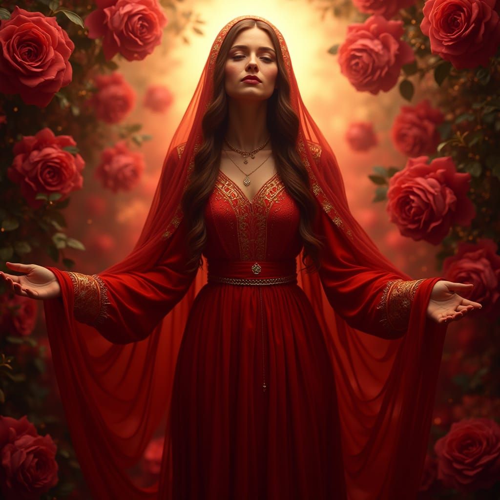 Mary Magdalene surrounded by divine light and Red Roses