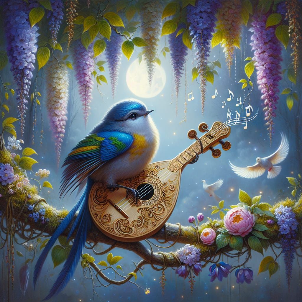 Bird playing a medieval lute - Bird playing a medieval lute