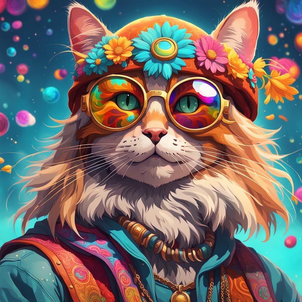 Happy Hippie Cat Portrait in Digital Art Style - AI Art