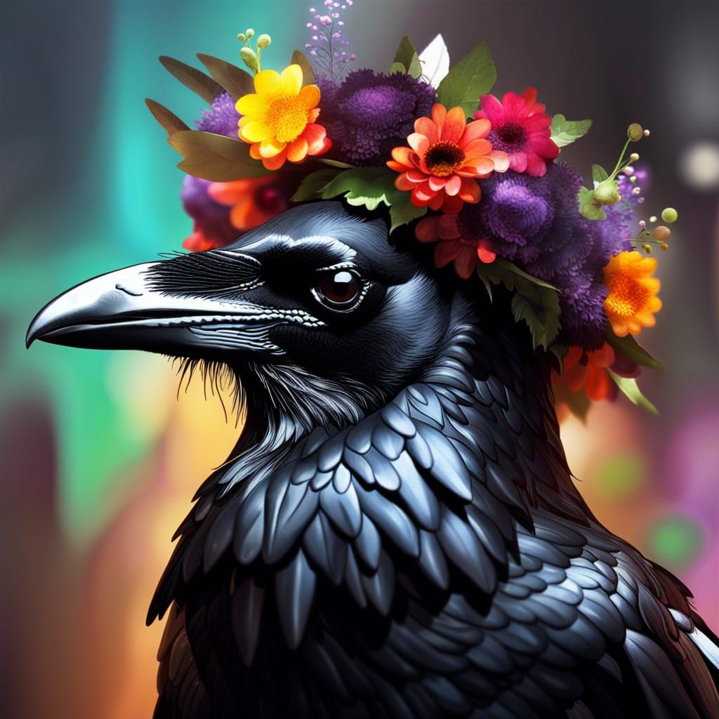 Black crow with a flower crown on his head. - AI Generated Artwork ...