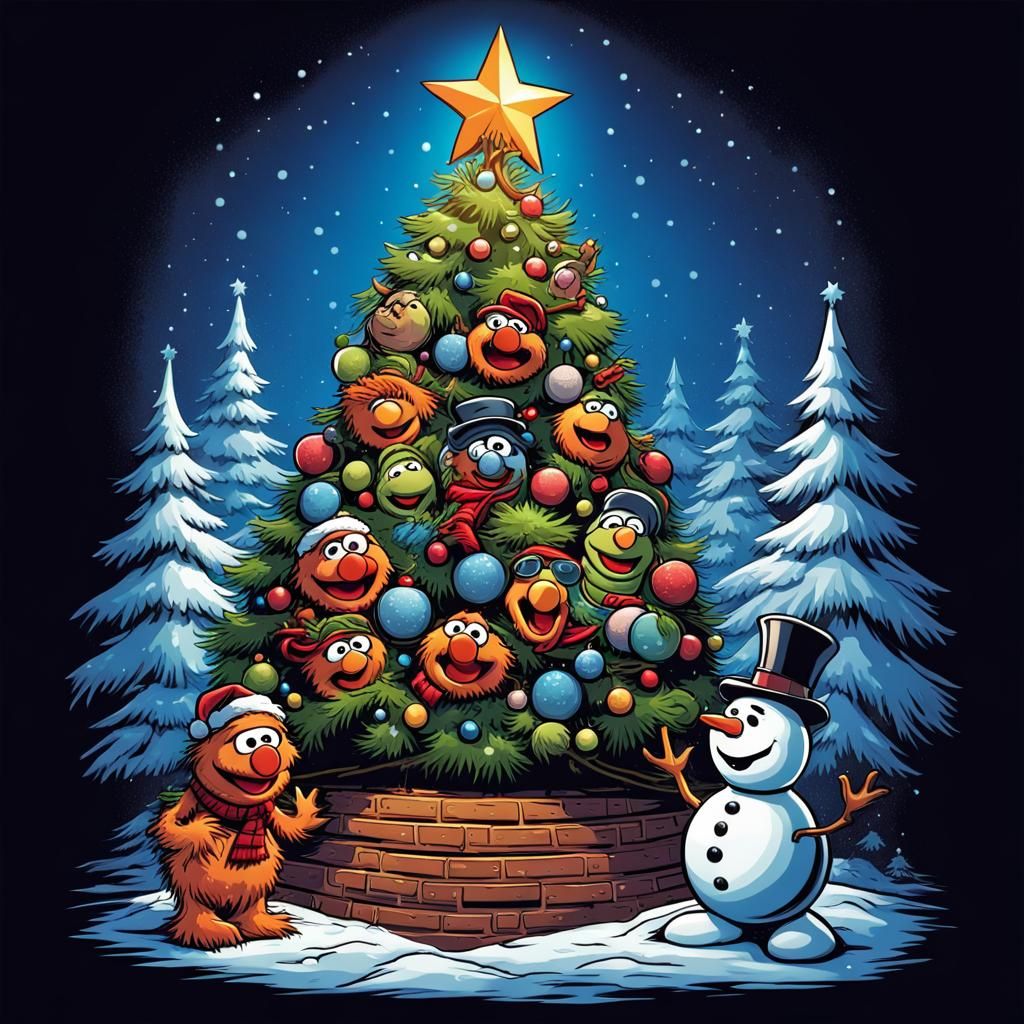 tshirt vector image : muppet and snowman decorating christmas tree - AI ...