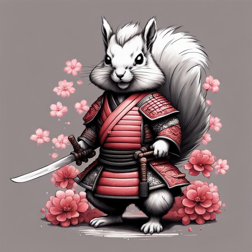 cute fluffy squirrel as angry Japanese samurai shogun warrior, samurai ...