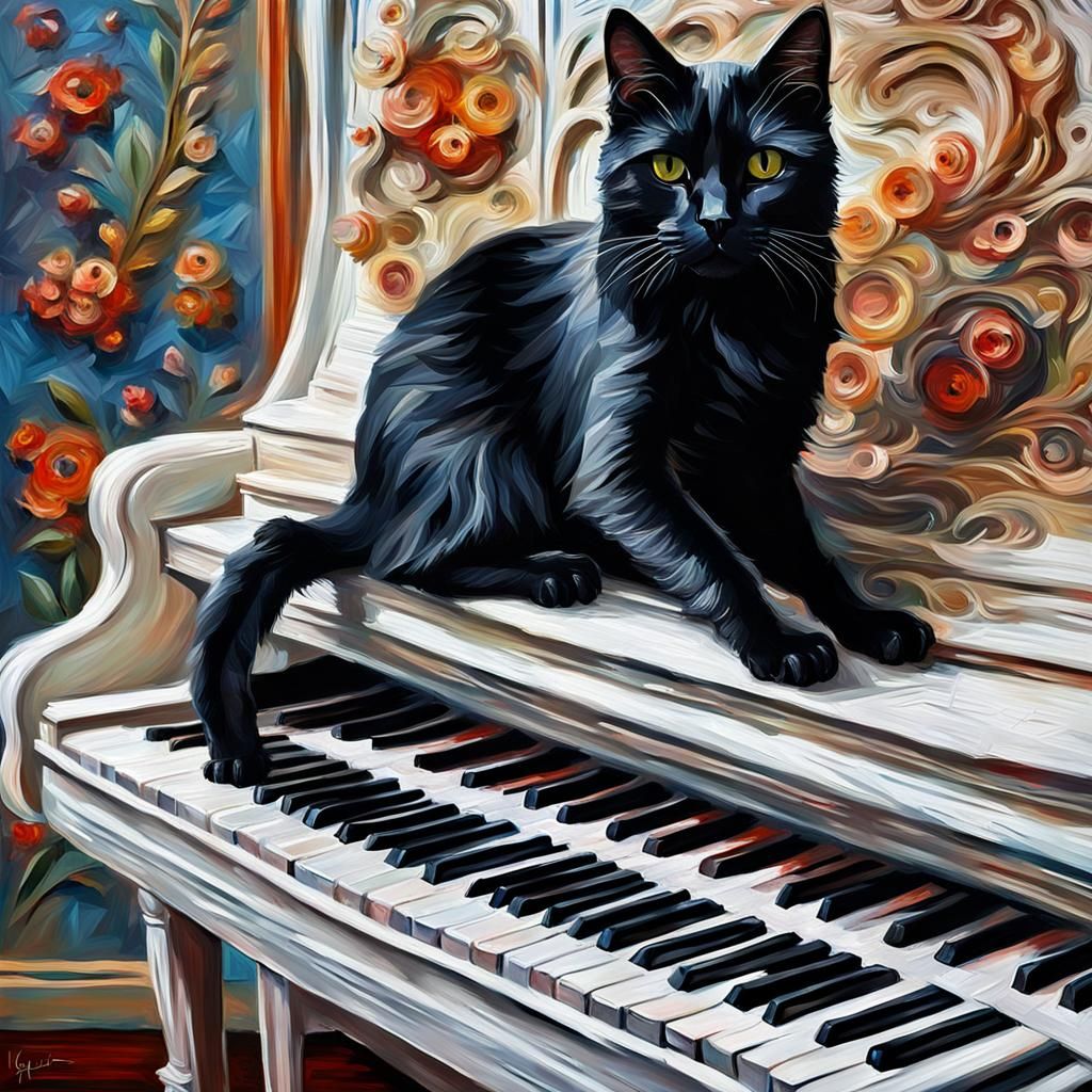 Impasto Painting of a black cat on a white piano, intricate details ...