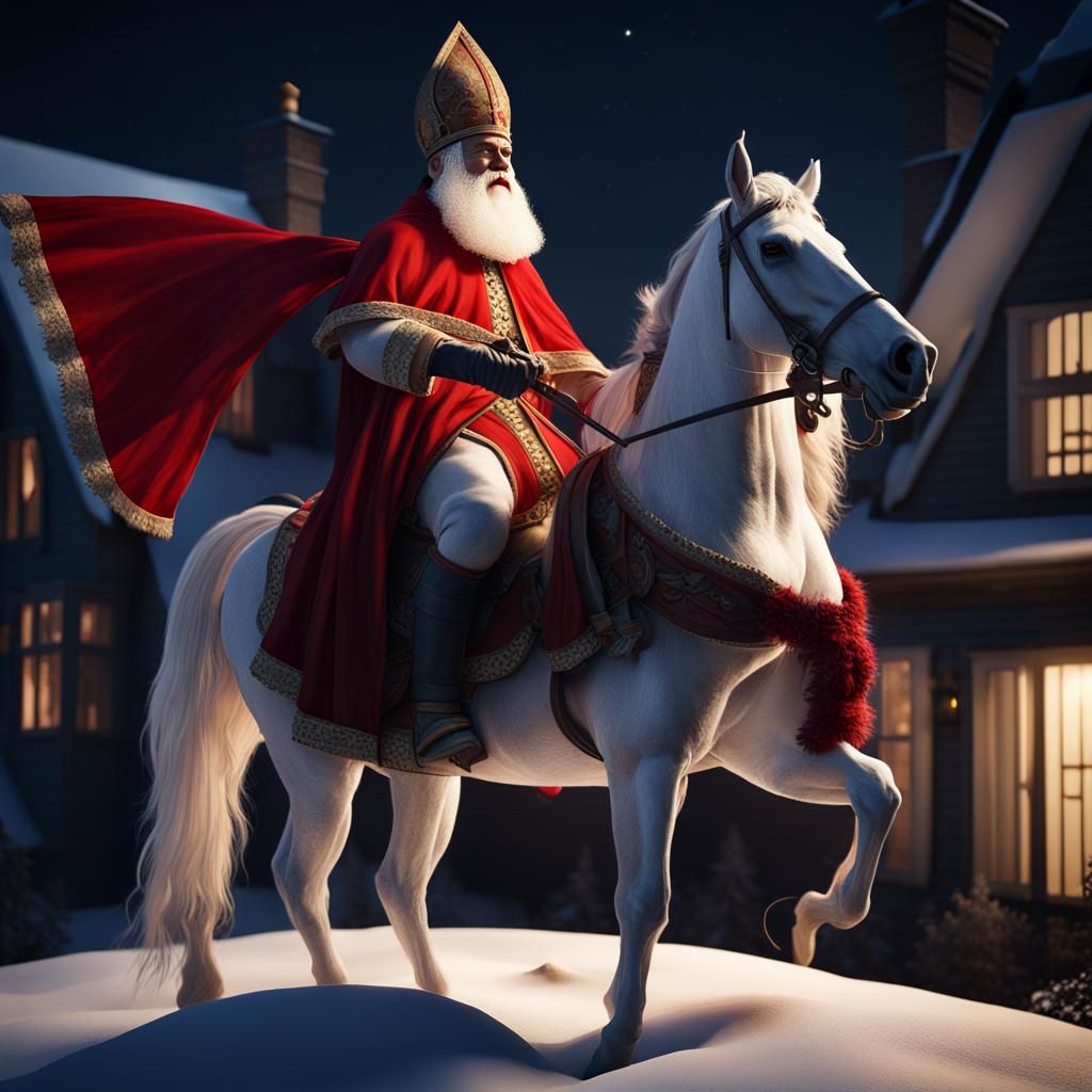 Sinterklaas with long white beard riding on his white horse - AI ...