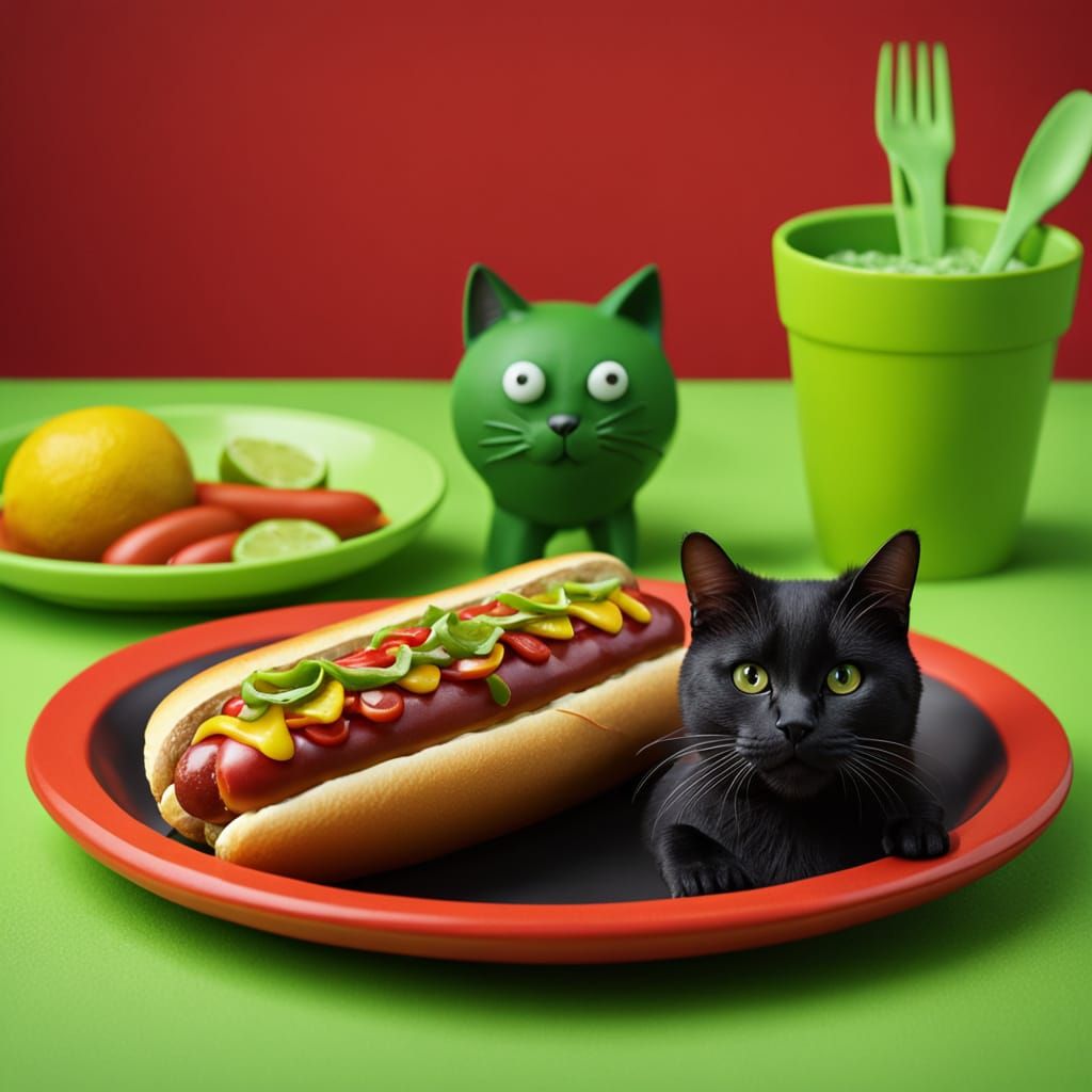 Whimsical Claymation Hot Dog and Cat in Green Room - AI Art