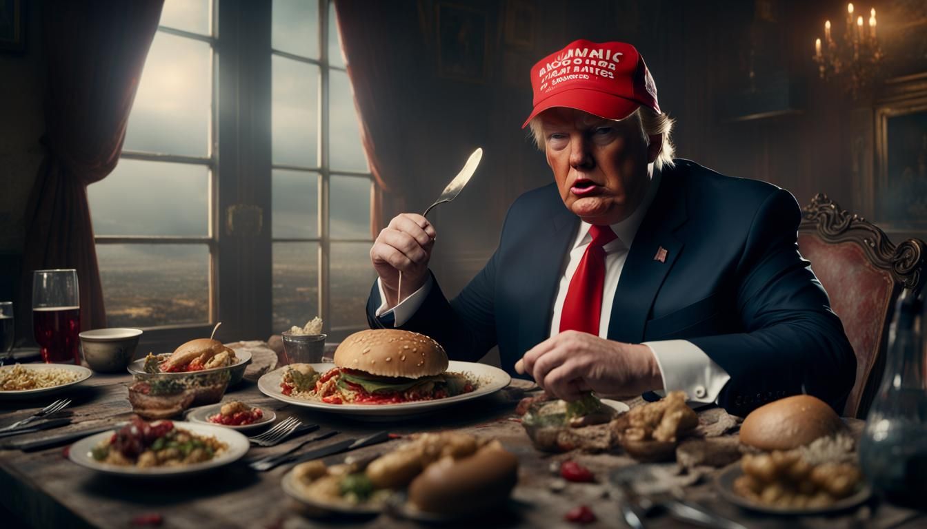 Skinny man in tattered clothes eating , across the table super fat ...