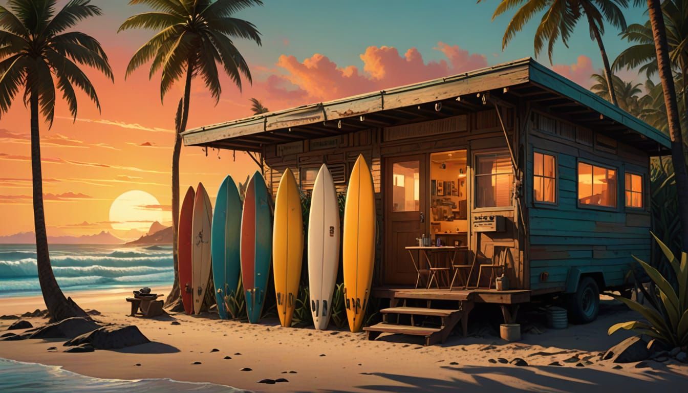 Retro-Futuristic Surf Shack Scene in Vibrant Tropi... - AI Art