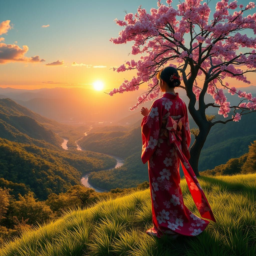 Ethereal Japanese Woman Stands Amidst Blossoming V... - AI Art