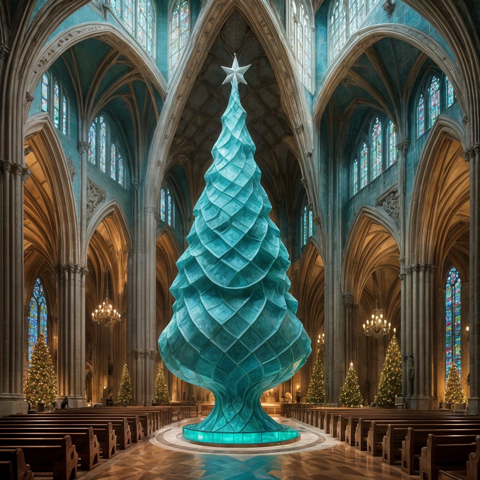 Turquoise Glassigami Christmas Tree in an Ogee Gri... - AI Art