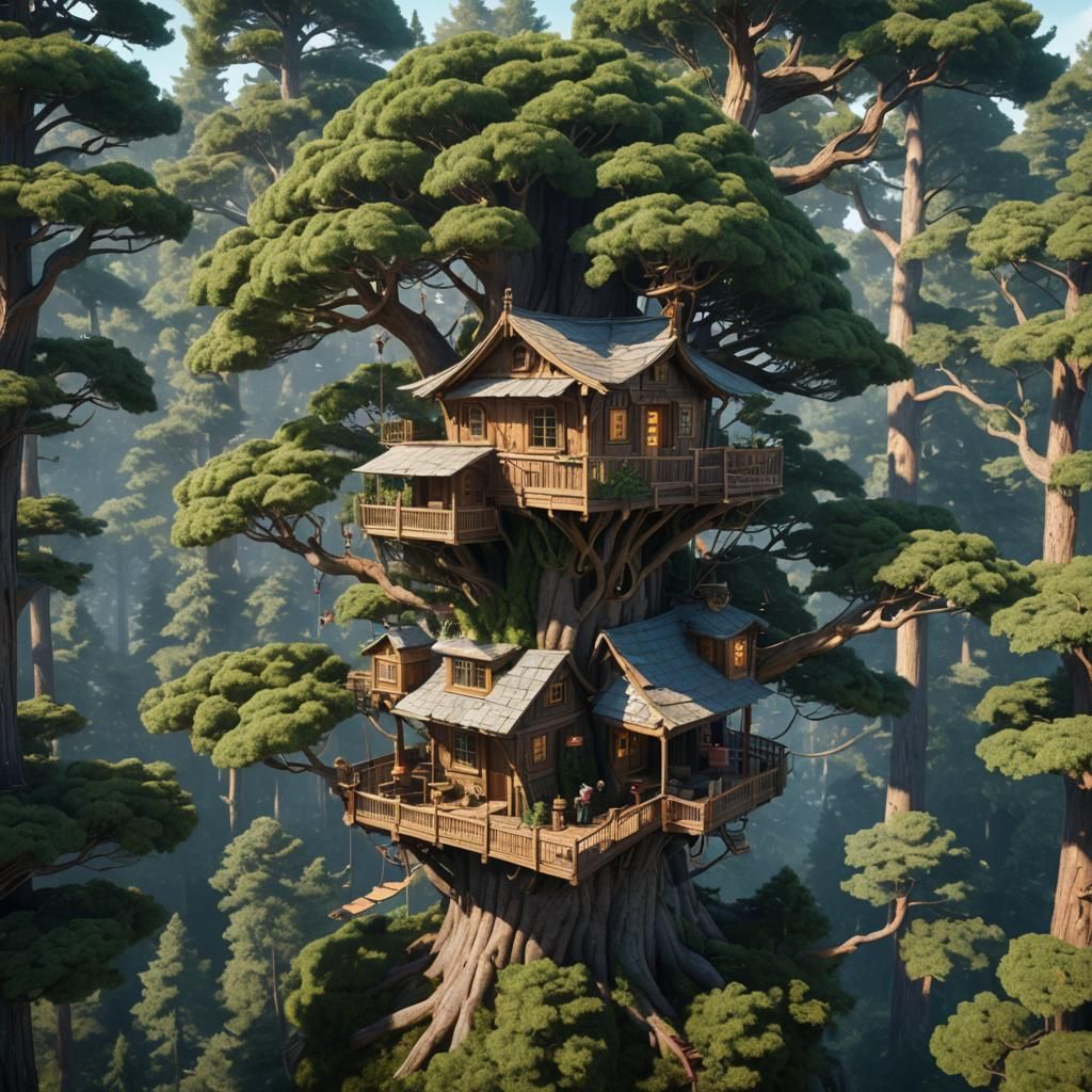 A large tree house made on the top of high pine trees ultra realistic ...