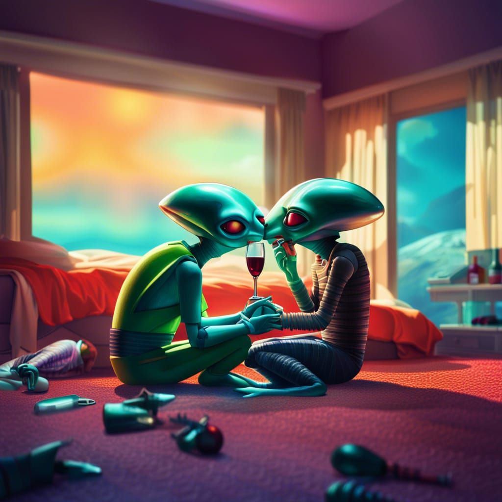 Two aliens kissing each other on the mouth, on a bed in a dingy hotel ...