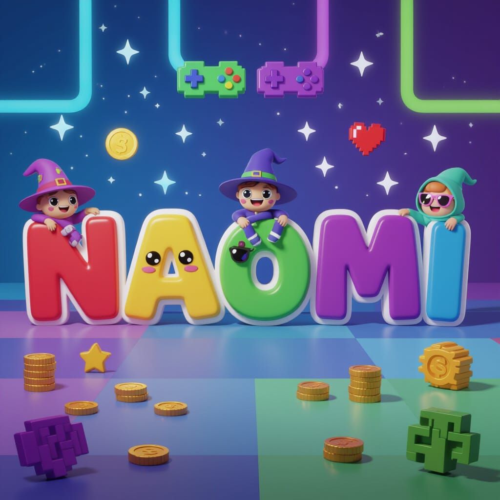 : The name "Naomi" is spelled out in big, colorful, rounded 3D letters ...