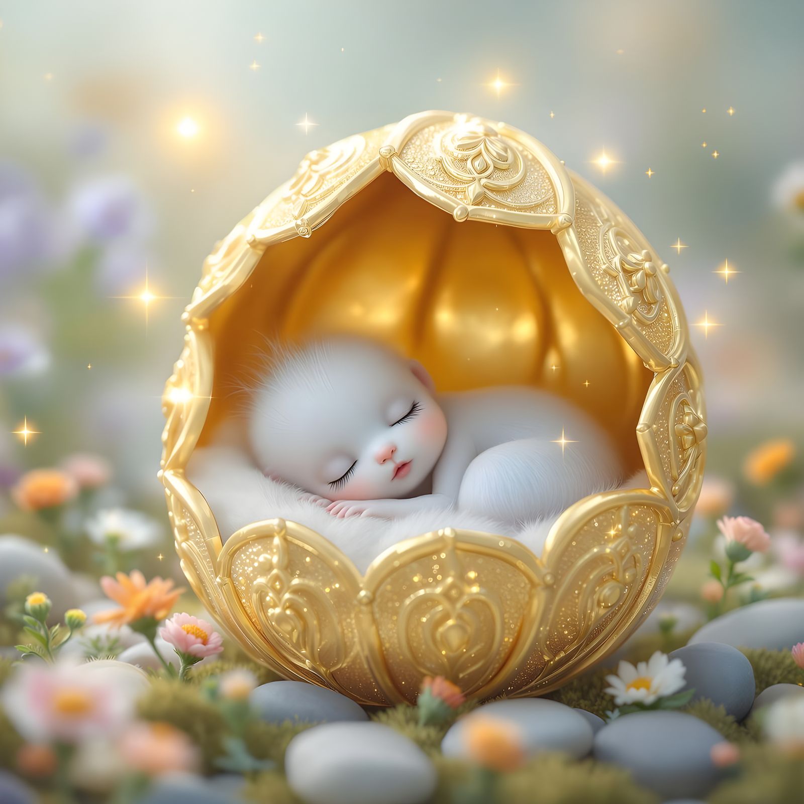 Ethereal Fantasy Scene: Soft Blue Creature in Gold... - AI Art