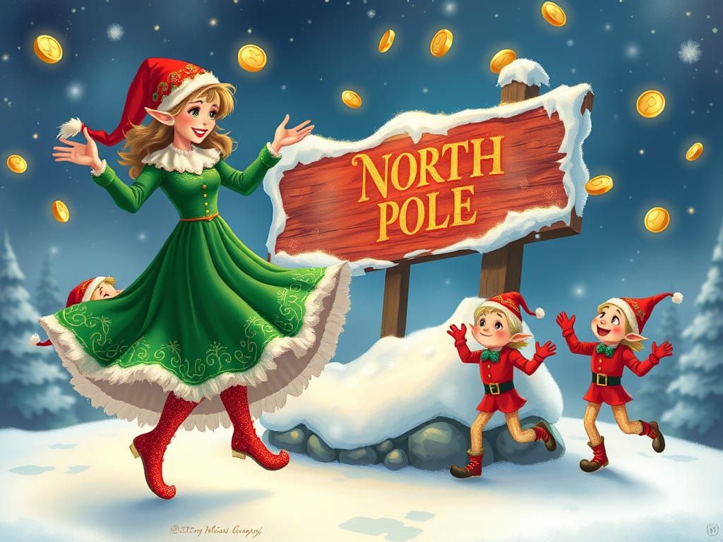 Female elf dancing around the North Pole sign while 2 male elves toss ...
