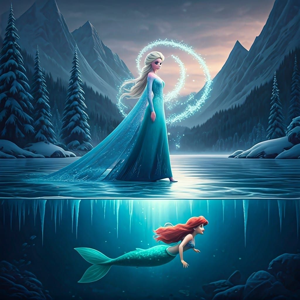 Elsa on frozen lake with Ariel swimming in crystal clear water 3