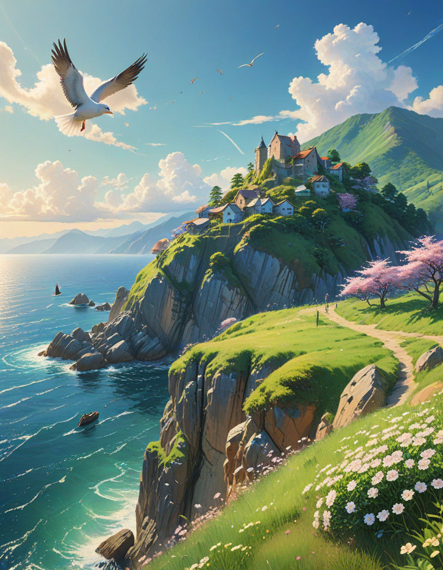 Idyllic Anime Landscape with Cherry Blossoms and S... - AI Art