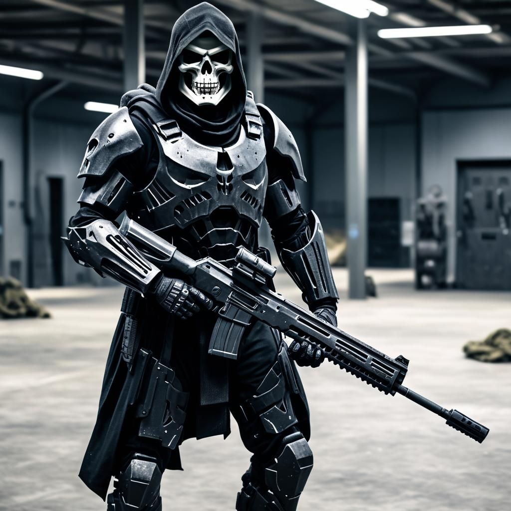 Halo Spartan in black tactical armor grim reaper in military facility ...