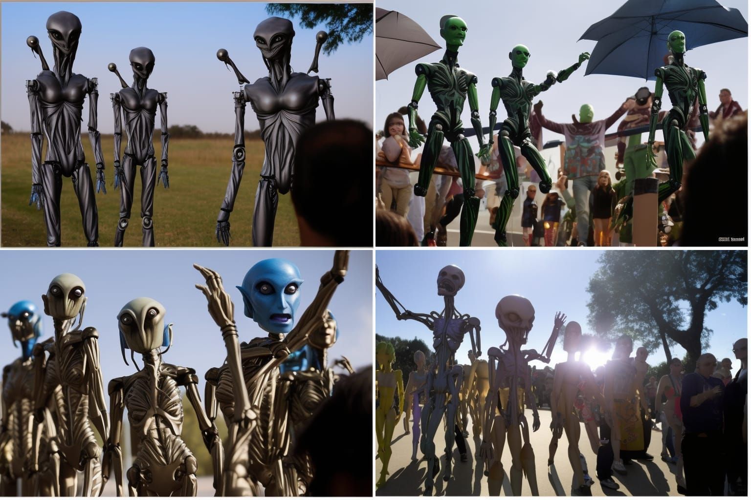 A parade of humanoid Android and alien figures goes by in celebration ...