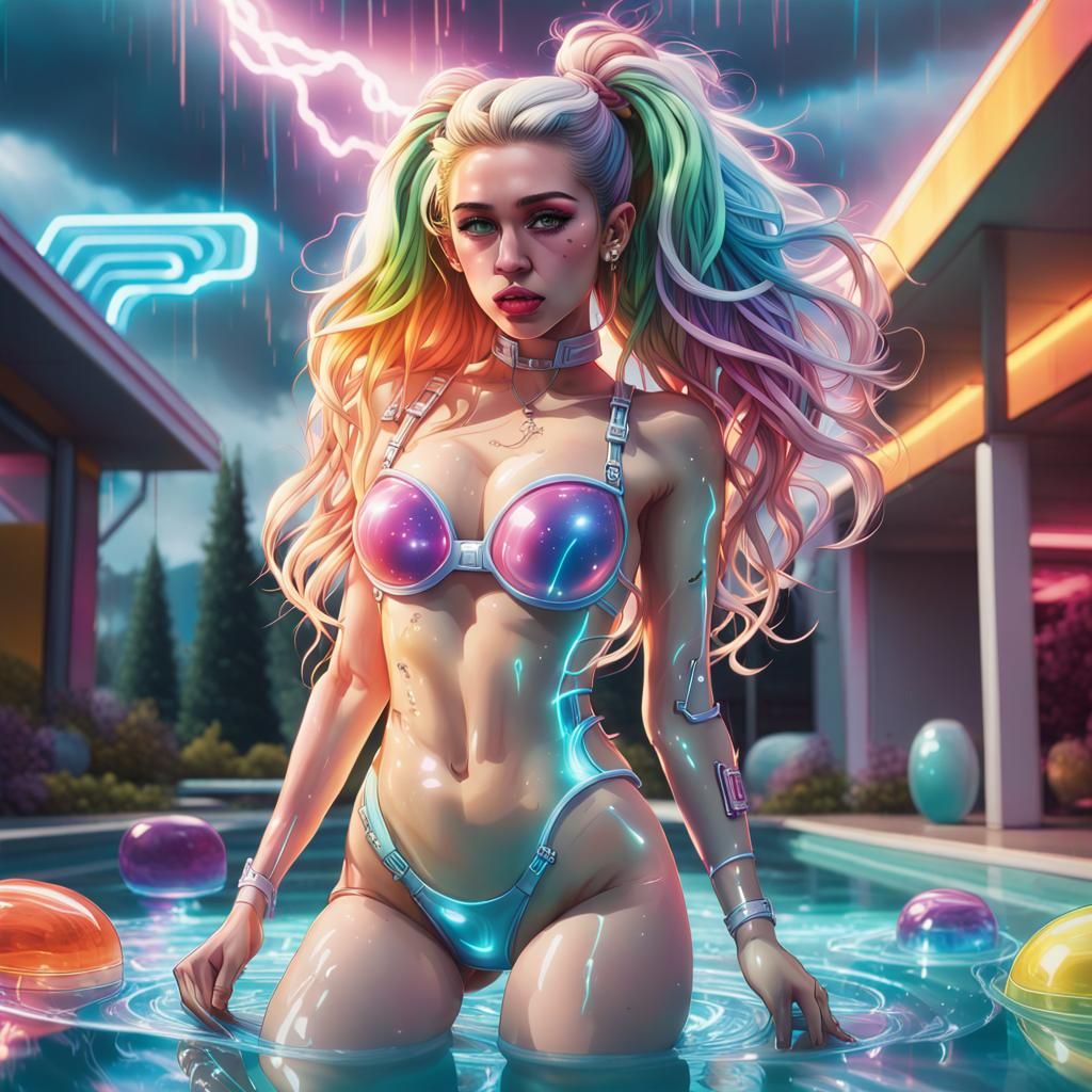 ample bosoms, full body, Belle Delphine mixed with Miley Cyrus in skimpy invisible cyberpunk ...