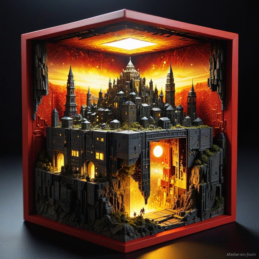 Cube with miniature city photographs inside representing the universe ...