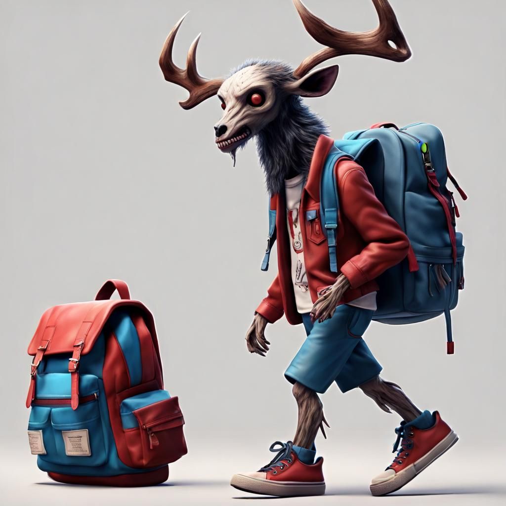 Cute wendigo going to elementary school, uniform, backpack, sneakers ...