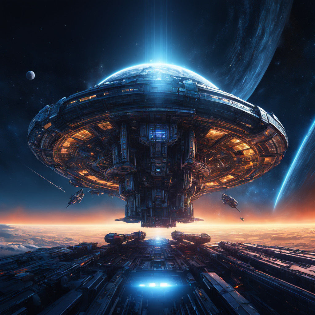 In the year 4999, a gigantic visible photo of a high tech gigantic spacecraft , intergalactic ...