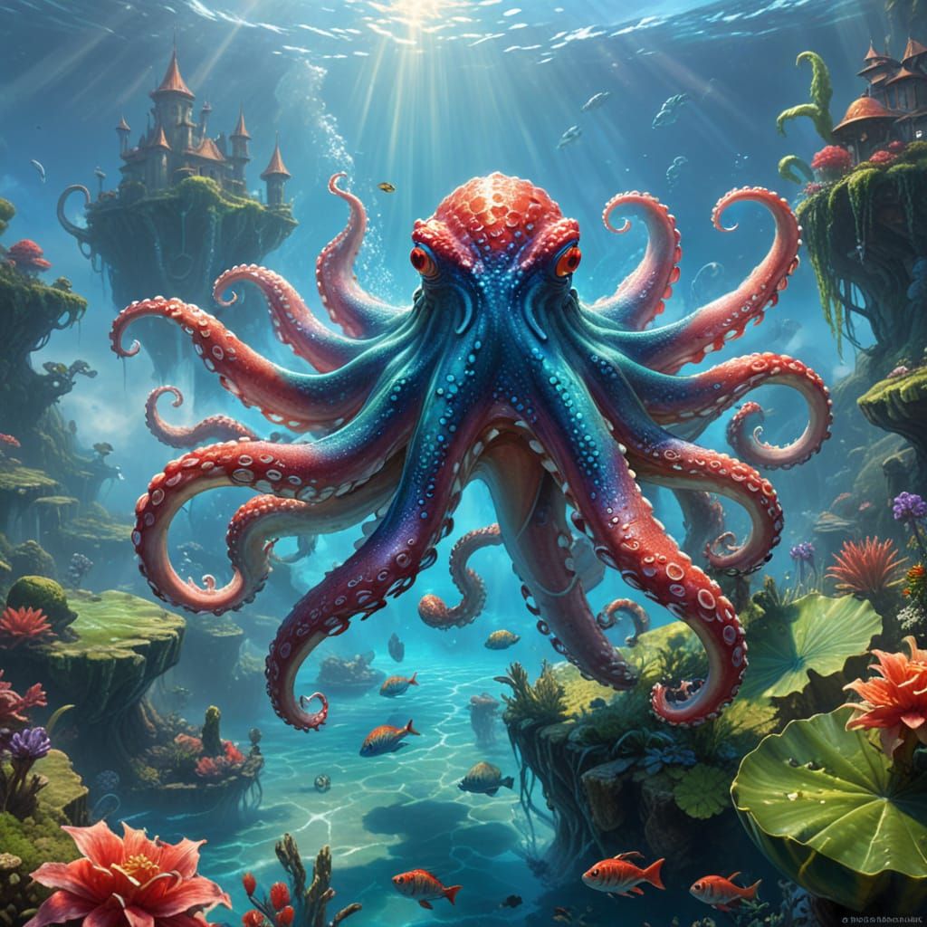 Ethereal Octopus Frog in Watermelon Planet Armor - AI Art