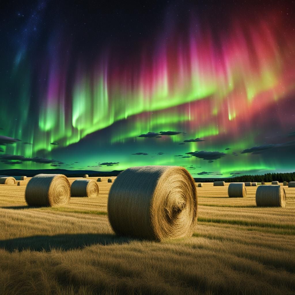 Aurora Borealis Hay Bales - AI Generated Artwork - NightCafe Creator