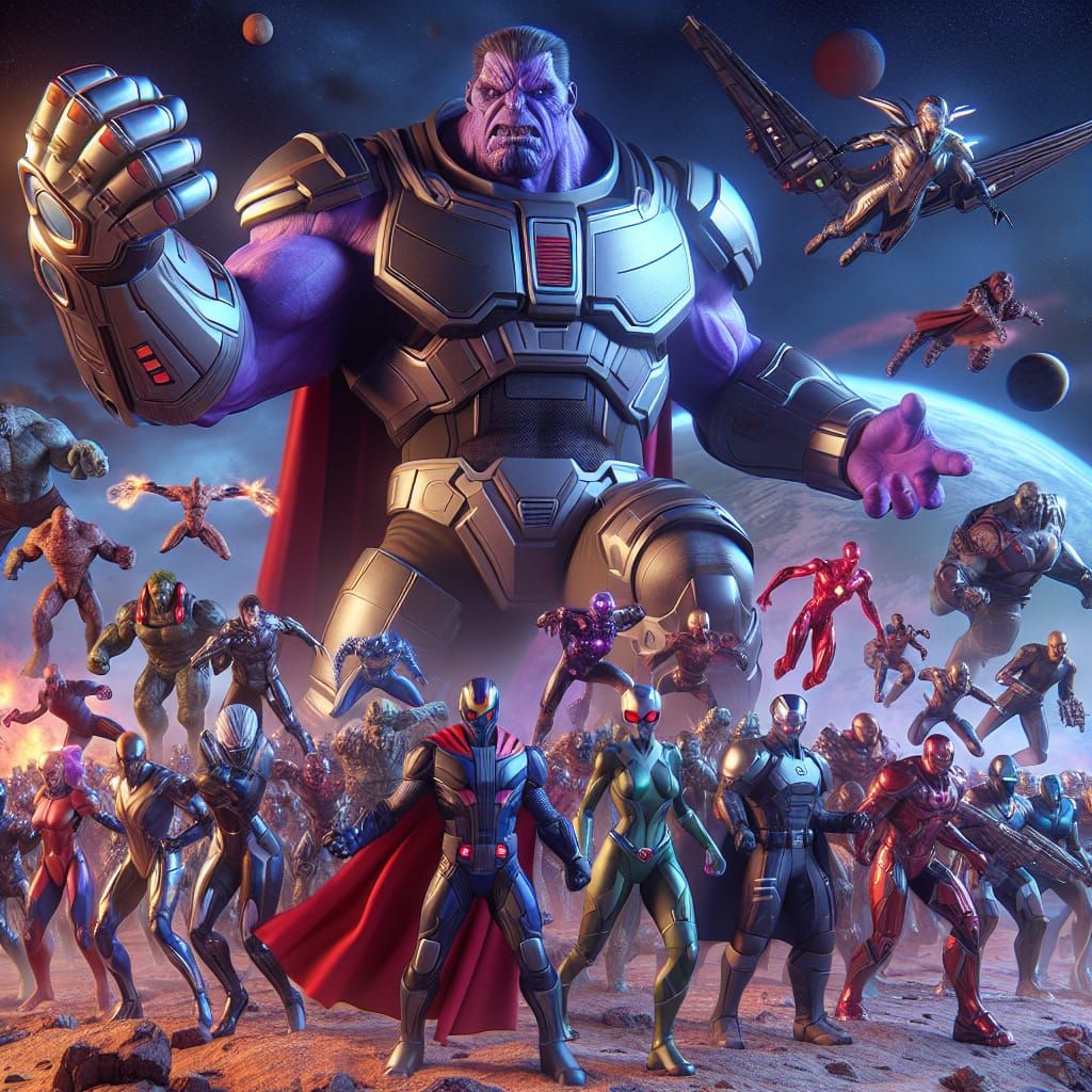Futuristic Avengers Battle Thanos on Alien Planet - AI Art