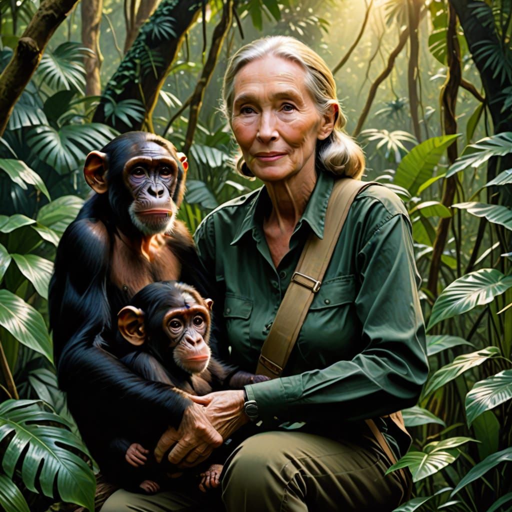 Beautiful painting of Jane Goodall in the jungle she's sitting with a ...