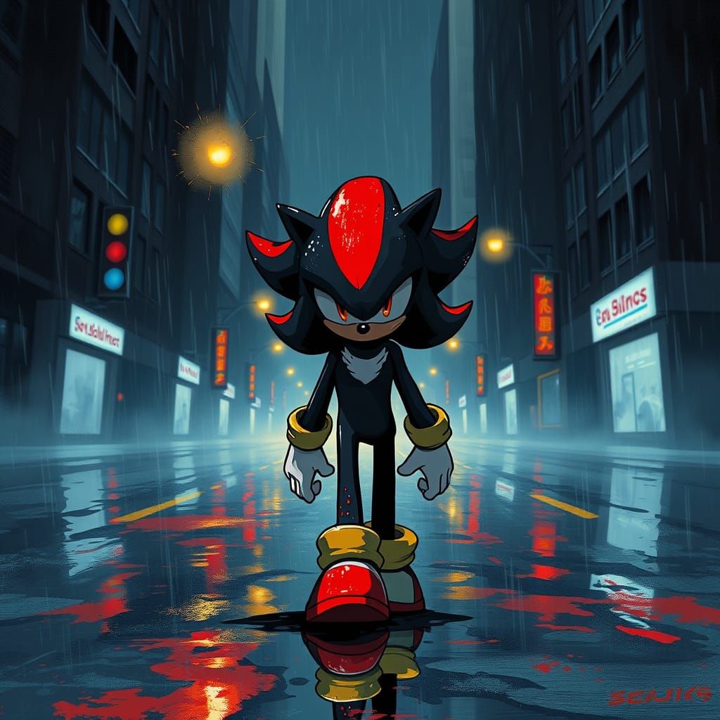 Shadow the Hedgehog Amidst Rainy City Nights - AI Art