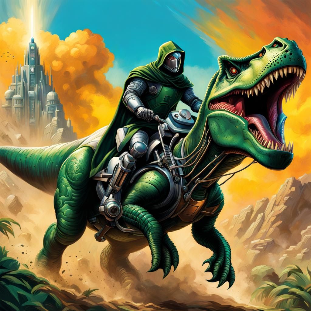 Dr. Doom Riding a T-Rex - AI Generated Artwork - NightCafe Creator