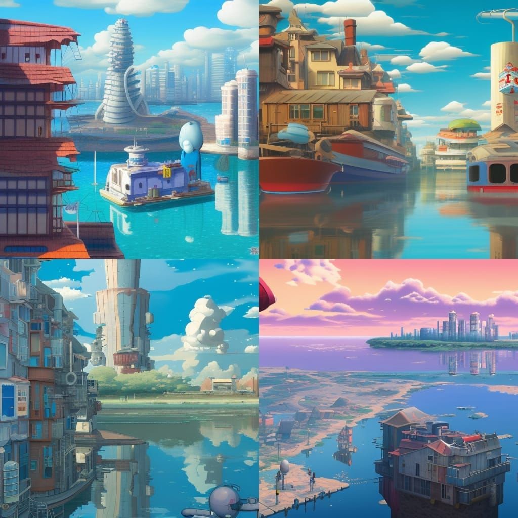 Water city with clean sky, anime style, coastal and harbor scenery ...