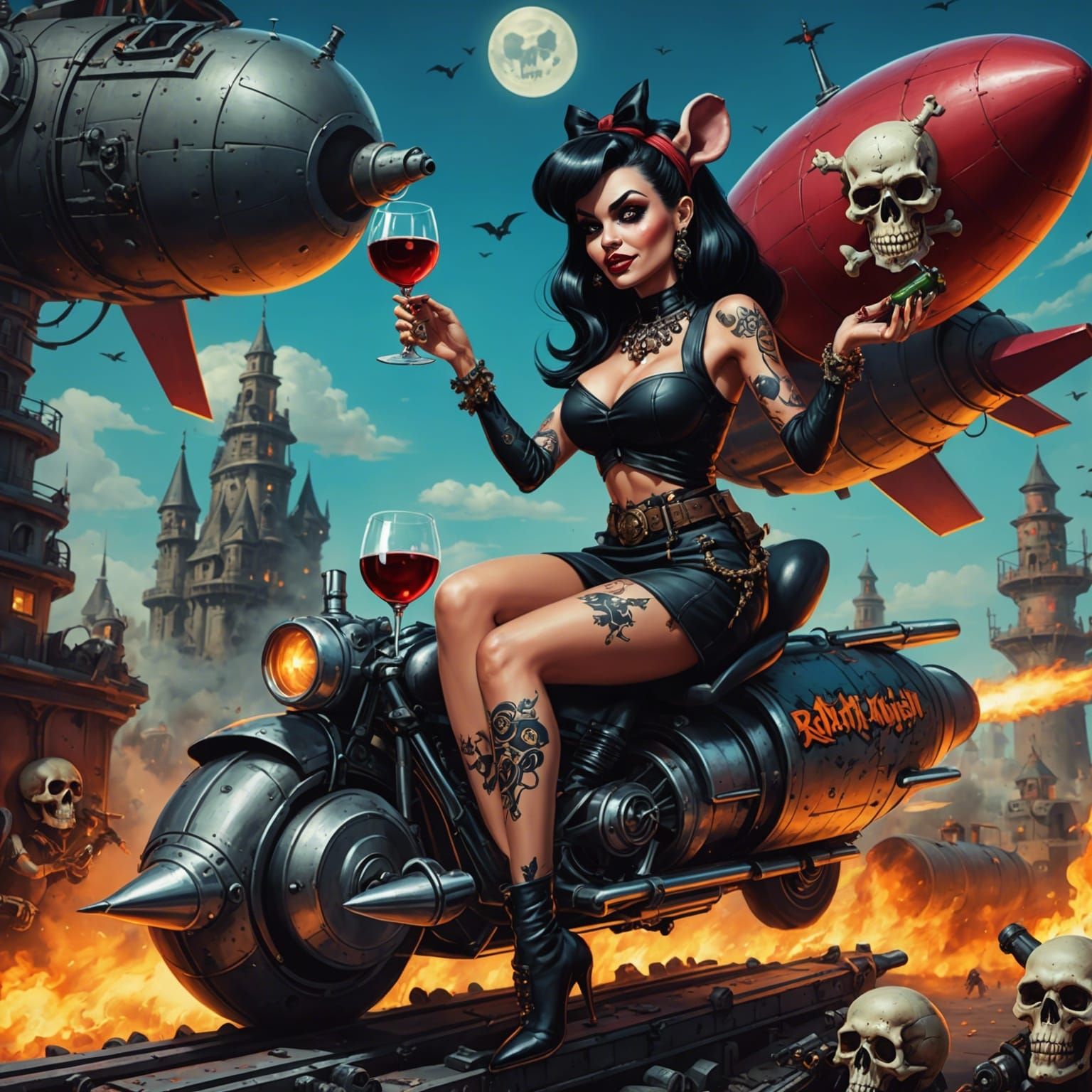 ratfink and a goth pinup girl wearing a miniskirt riding on a missile with skulls on it sipping ...